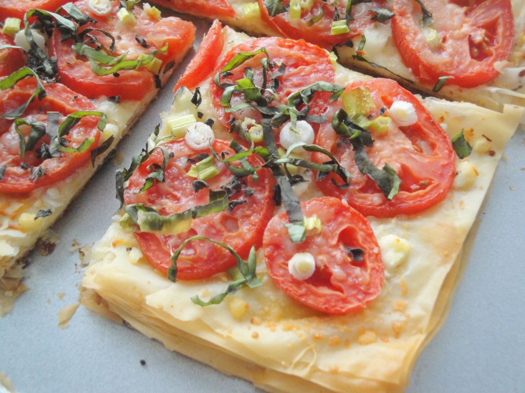 Phyllo Pizza with Feta, Basil, and Tomatoes | A Fork In Each Hand